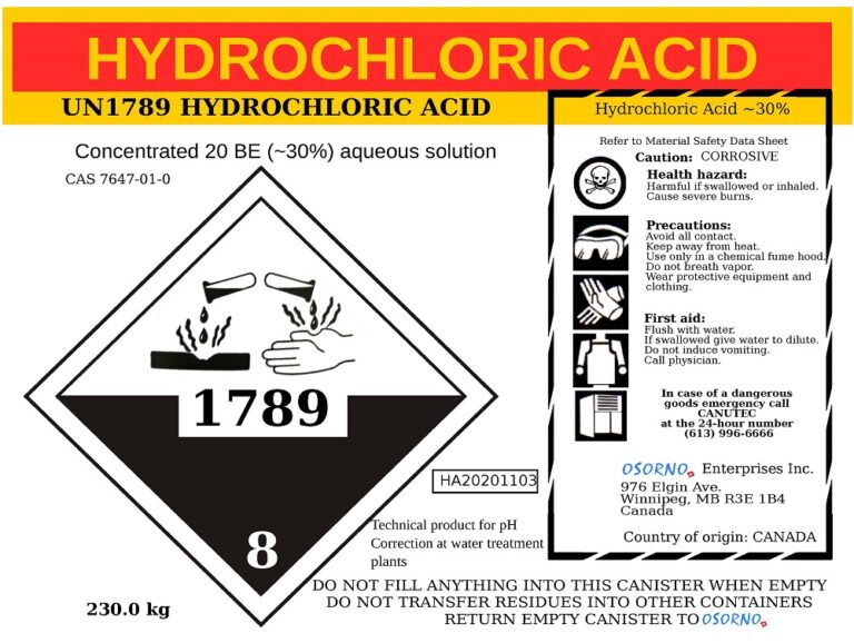 Hydrochloric Acid (HCl) 20BE (32%), 4 L - Osorno Enterprises